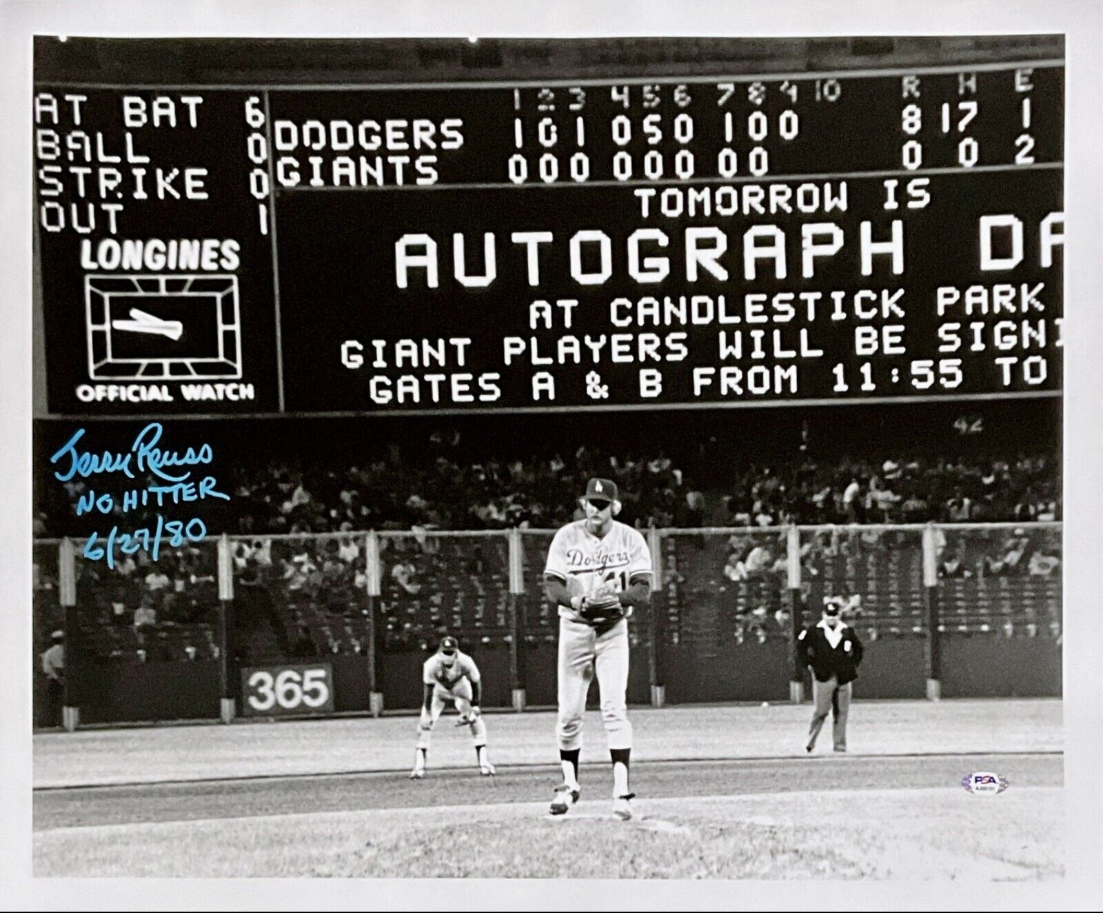 JERRY REUSS DODGERS SIGNED 18X22 CANVAS "NO-HITTER 6/27/80" INSC PSA A ...
