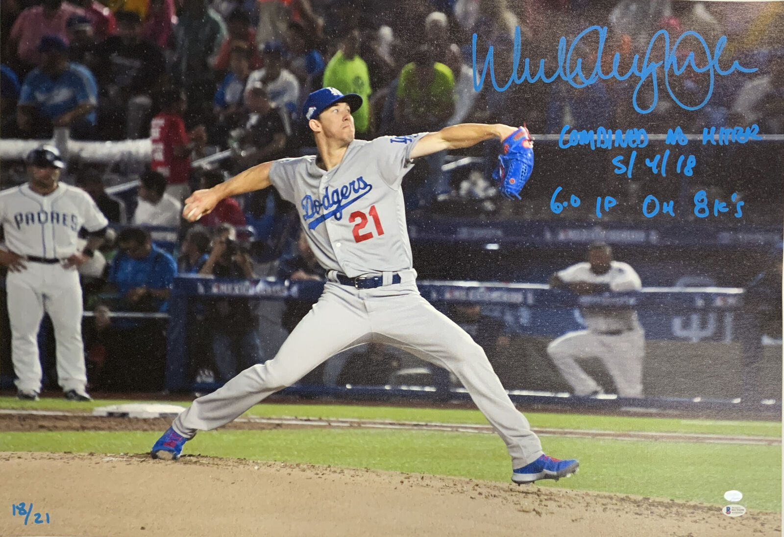 18/21 DODGERS WALKER ANTHONY BUEHLER FULL NAME SIGNED 22X32 NO-HITTER ...